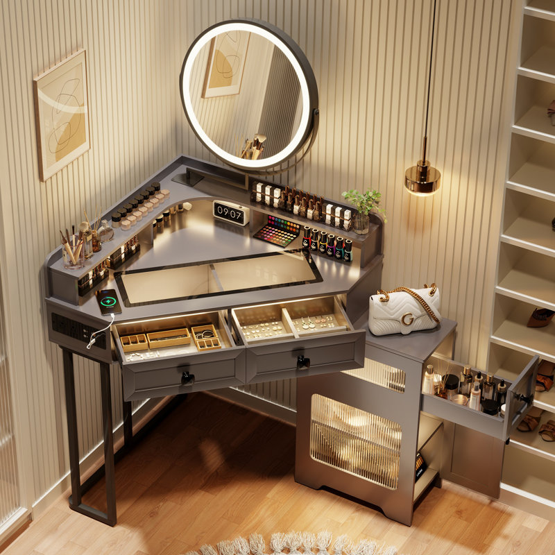 Ivy Bronx Machalik Corner Makeup Vanity With Mirror & Reviews | Wayfair